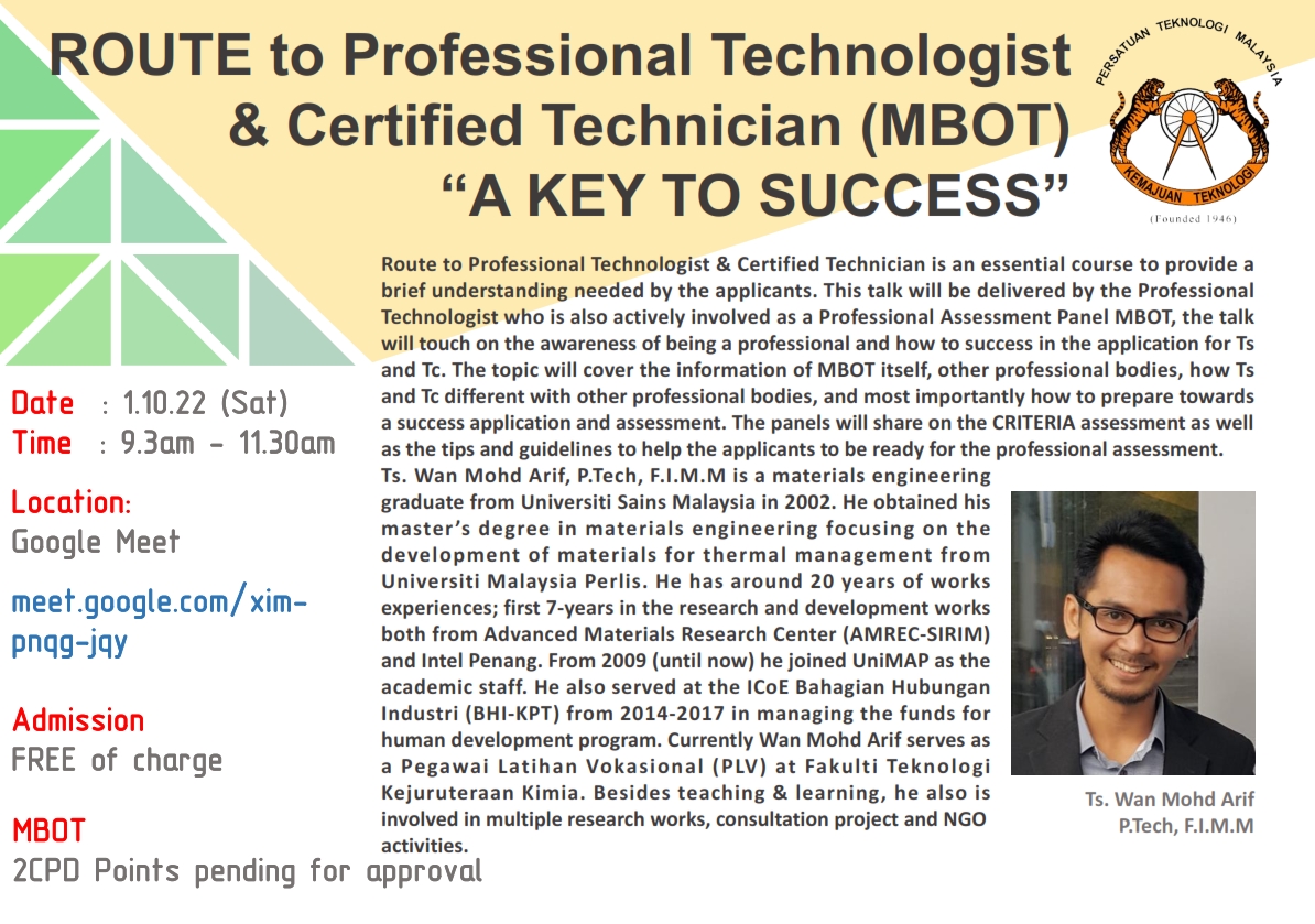 ROUTE to Professional Technologist & Certified Technician (MBOT) “A KEY TO SUCCESS ...